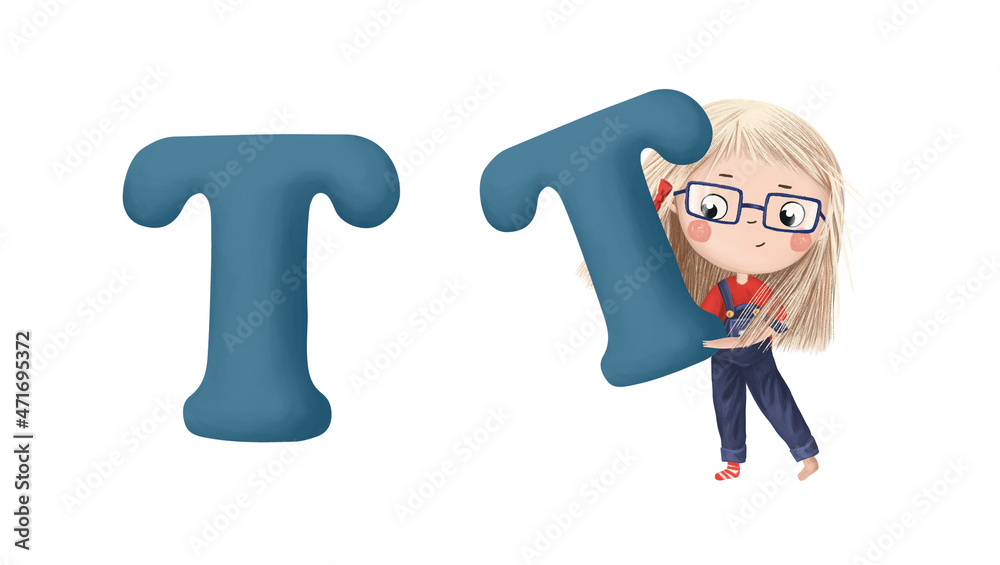 Cute little girl with letter "T" on white background. Learn alphabet ...