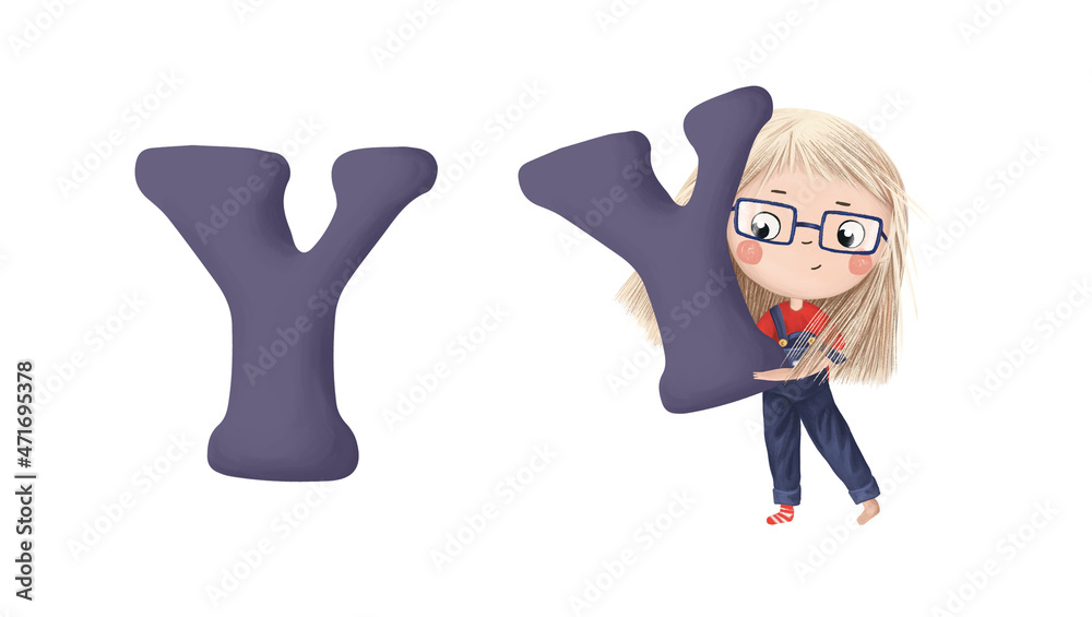 Cute little girl with letter "Y" on white background. Learn alphabet ...