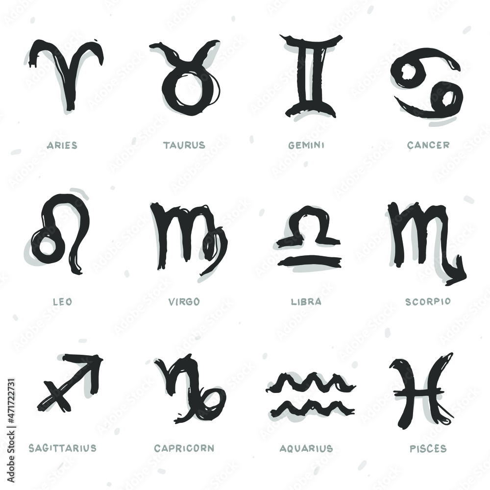 Zodiac signs with latin names vector sketch illustrations set, isolated ...