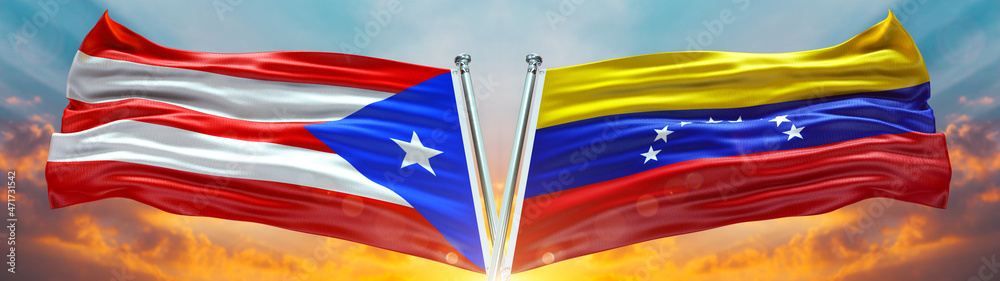 Puerto Rico flag and Venezuela Flag waving with texture sky Cloud and ...
