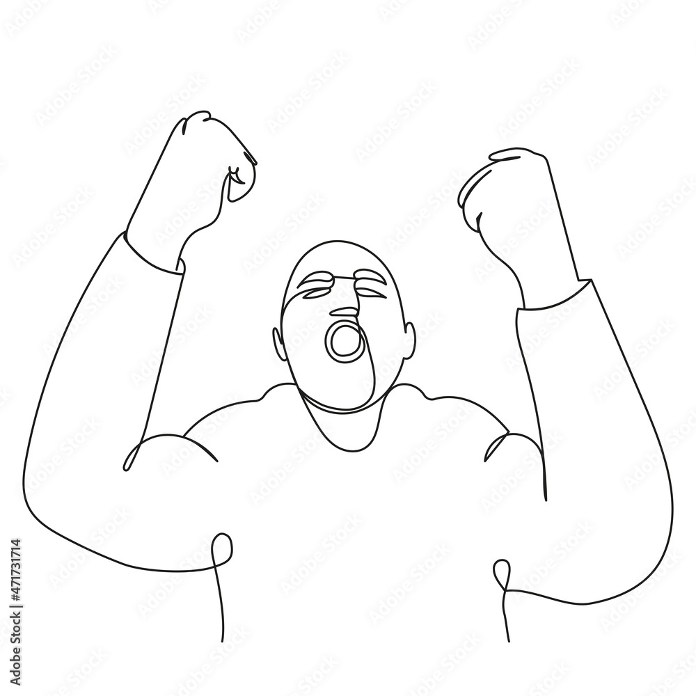 An unbalanced bald man with a crazy look and raised fists drawn in one ...