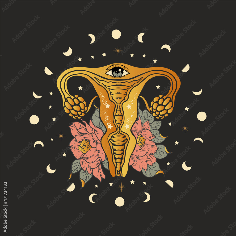 female reproductive system with lunar phases and flowers, menstruation ...