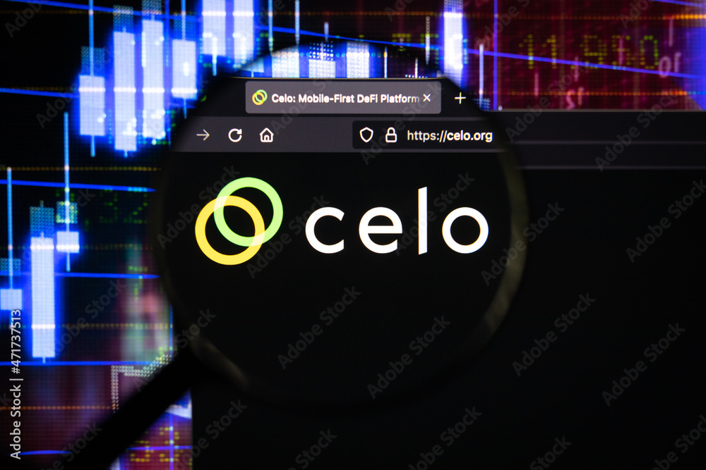 Celo company logo on a website, seen on a computer screen through a ...