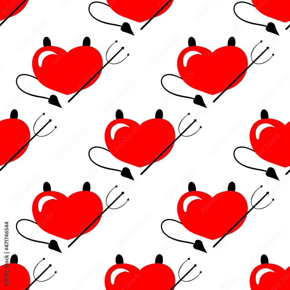 Vector seamless pattern of devil heart with horns, tail and trident in ...