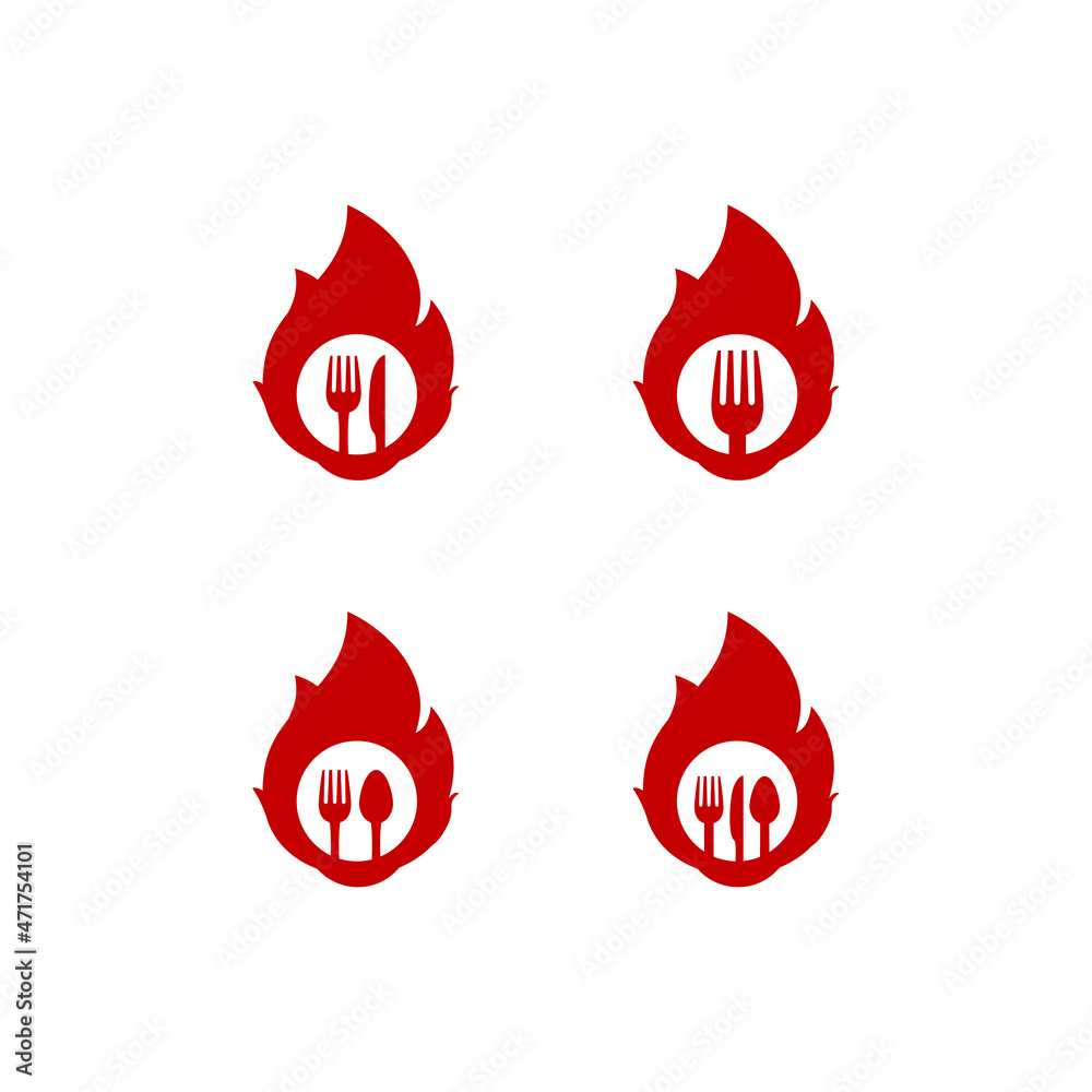 set of vector illustrations of fire and spoons, cutlery, cutlery for ...