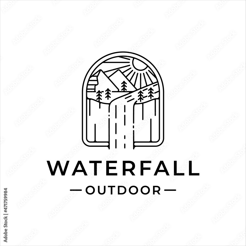 waterfall outdoor logo line art vector illustration template icon ...