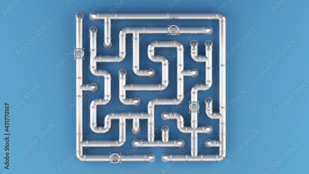 Oil pipes on a blue background. A maze and a QR code form made of steel ...