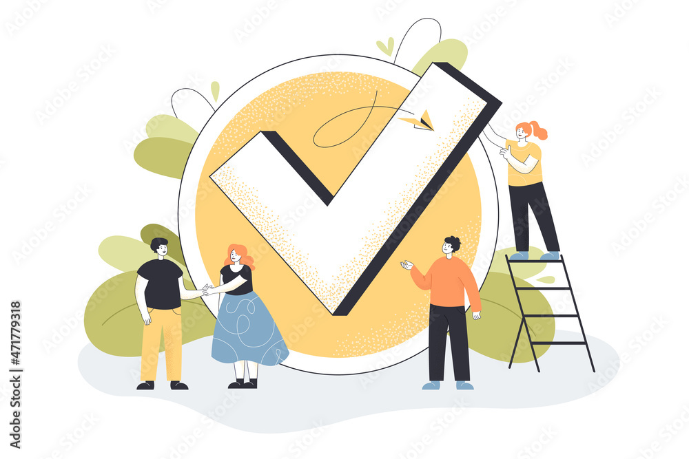 Vektorová grafika „Tiny people standing near big checkmark. Team of ...