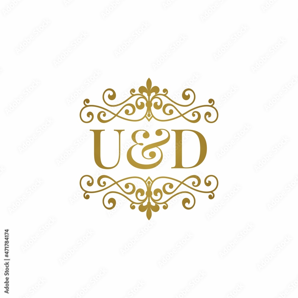 U&D initials logo ornament gold. Letter UD wedding ampersand or ...