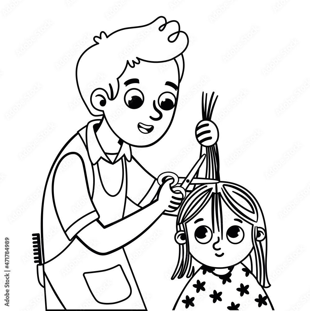 Black and white illustration of little girl getting a haircut at the ...