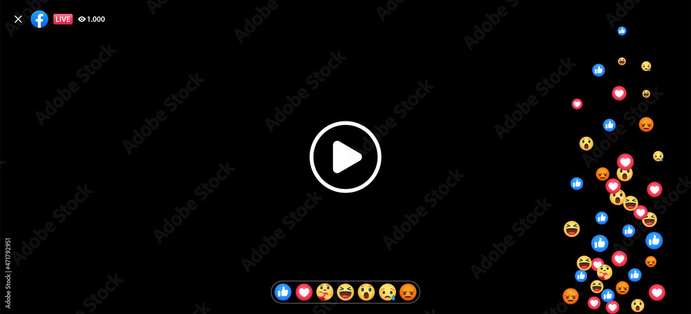 Facebook social media mockup page live stream. Emoticon like, heart and ...