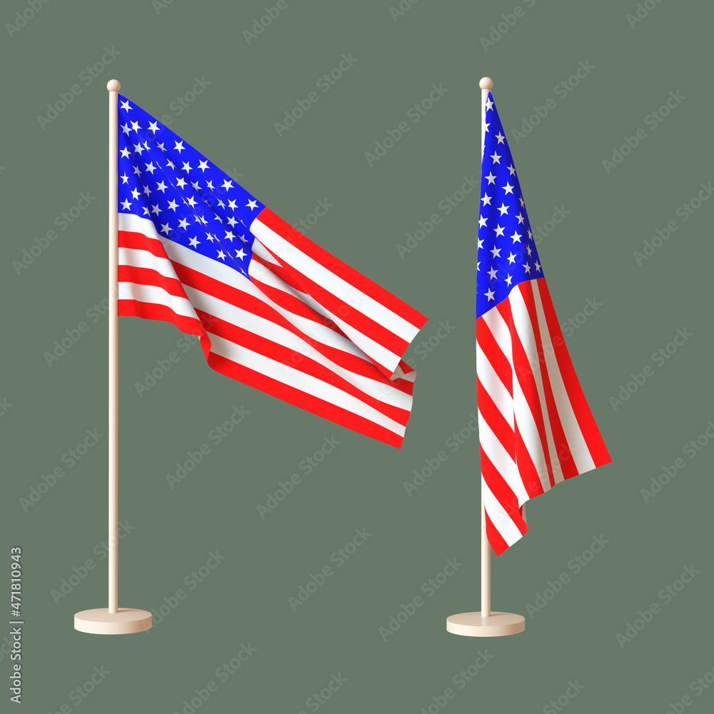 Flags of the United States of America waving on a flagpole and twisted ...