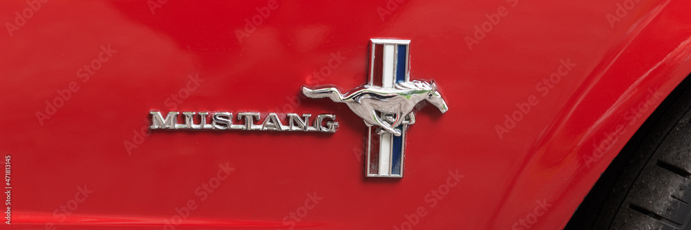 Ford mustang muscle car logo and sign text of red old vintage retro ...