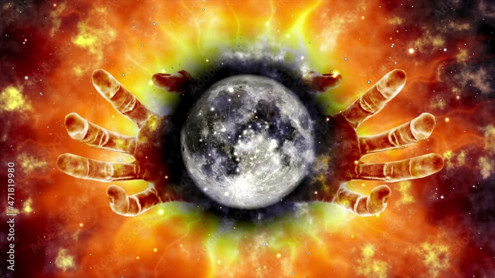 Animation of a hand holding the moon on an orange light background ...