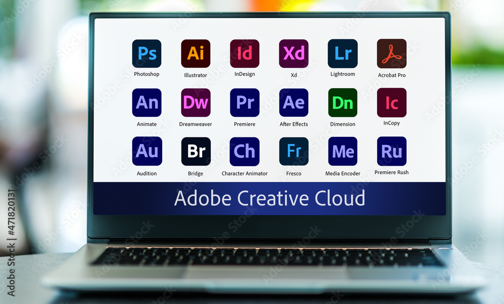 Laptop computer displaying logo of Adobe Creative Cloud Stock Photo ...