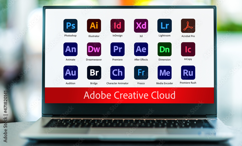 Laptop computer displaying logo of Adobe Creative Cloud Stock Photo ...