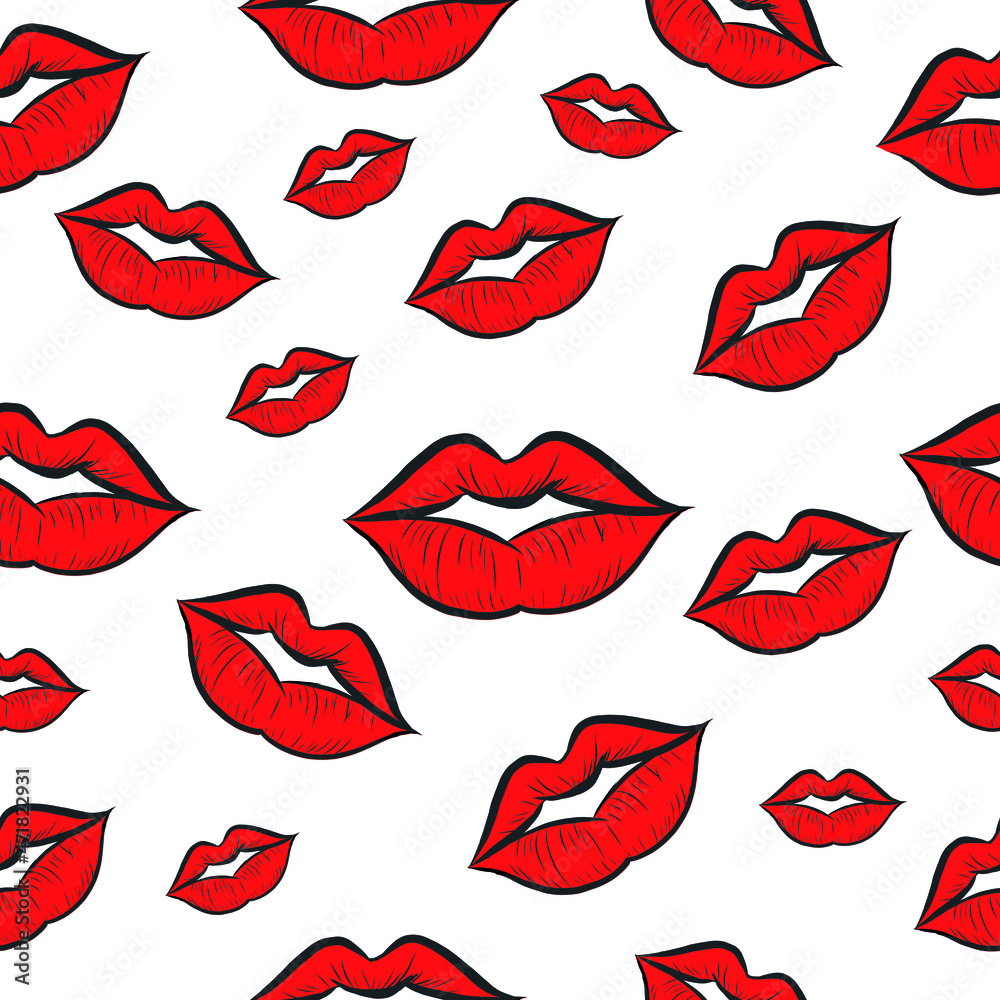 Red Lips with Lipstick kisses on white background. Vector Seamless Pattern Hand Drawn Lips ...