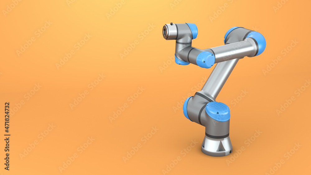 Universal robot. Cobot. Orange background. Automatic machine. Robotic ...