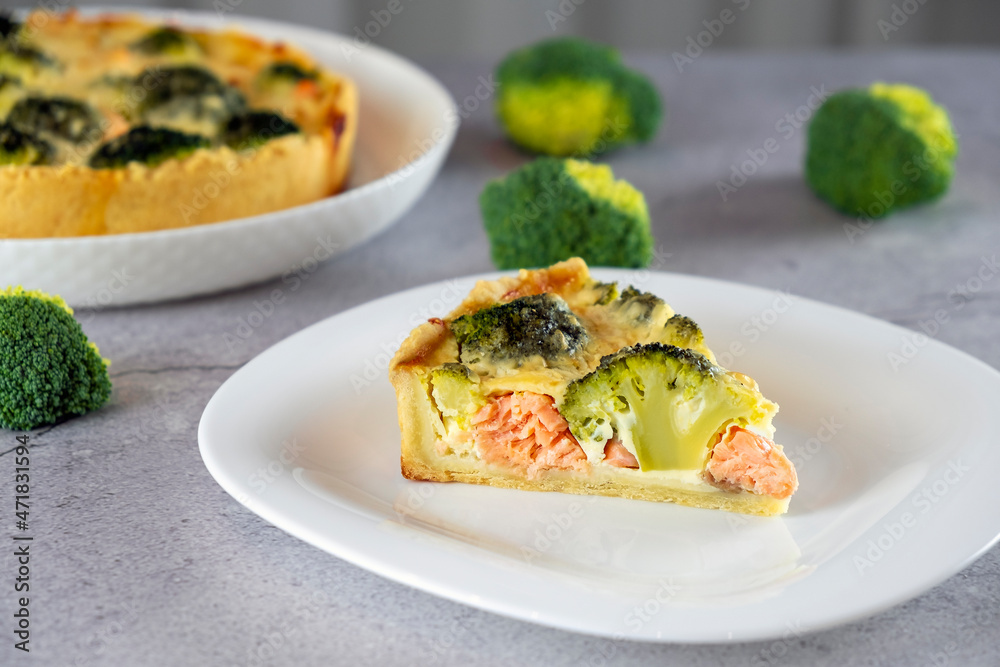 Classic Quiche with salmon, spinach and broccoli. Fish tart. Open faced ...