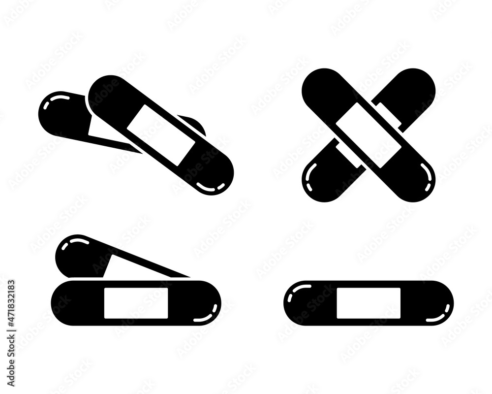 Medical adhesive plaster, silhouette icons set. Single and crisscross ...