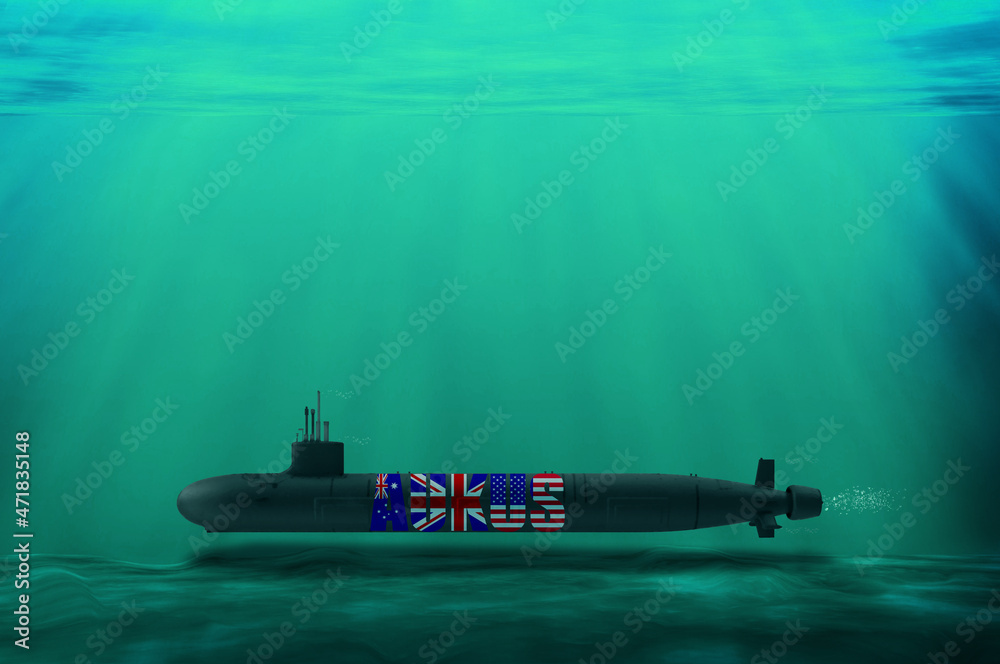 3D rendering of AUKUS Nuclear submarine in the deep sea, The US, UK ...