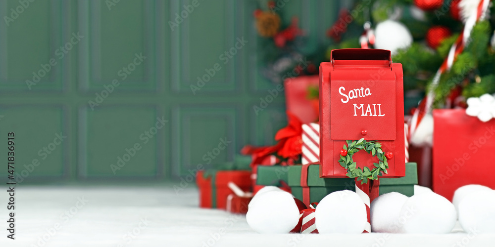 Christmas banner with red santa mail box in front of tree with green ...