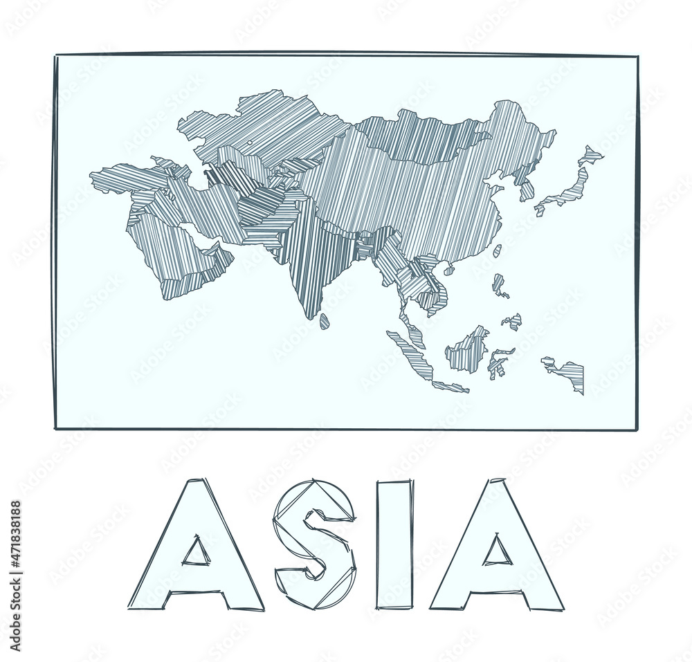 Sketch map of Asia. Grayscale hand drawn map of the continent. Filled ...