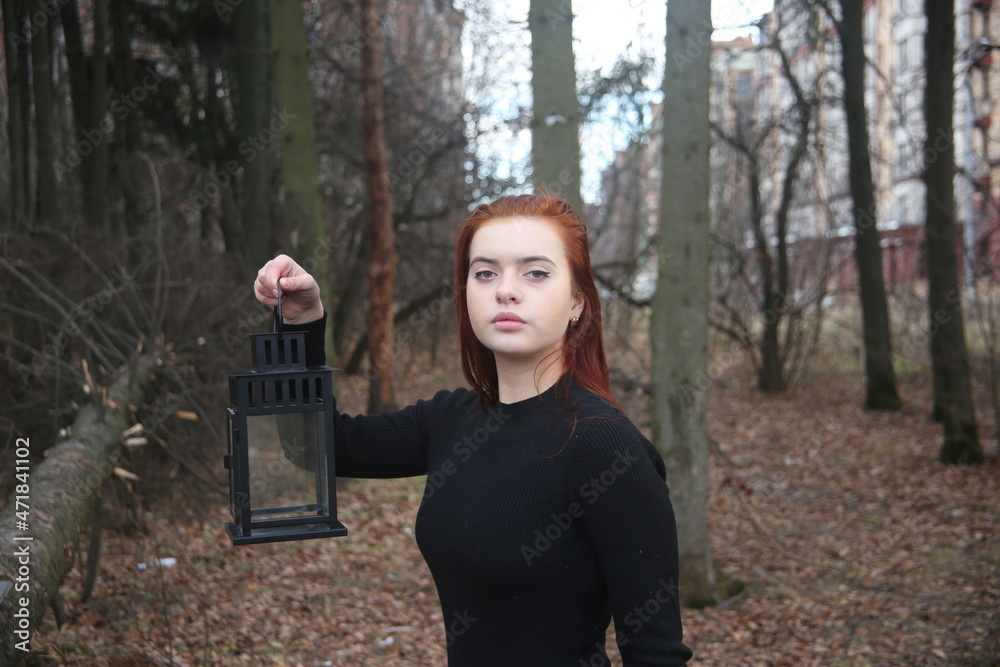 girl in the forest with black flashlight woman female pretty cute face ...