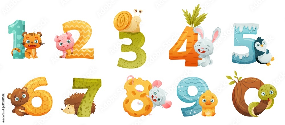 Set of numbers with cute baby animals. Educational numbers, kids ...