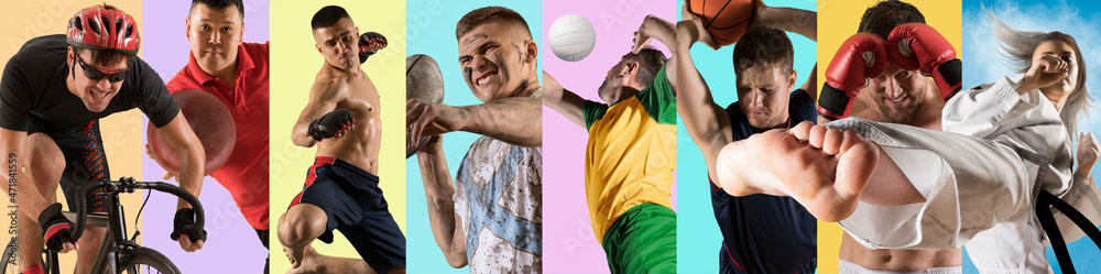 Sport collage. Attack. Bowling, volleyball, mma, rugby, karate and ...