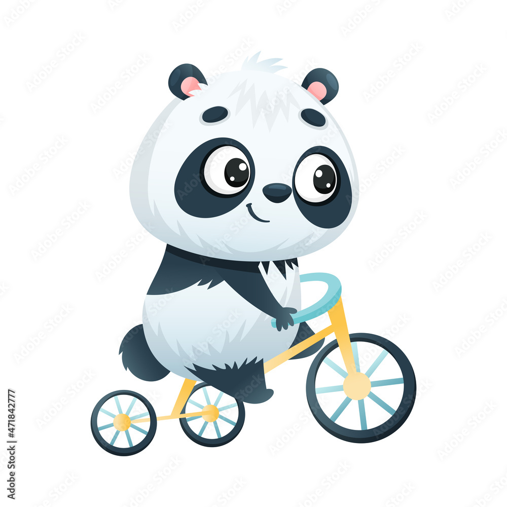 Cute Panda Character Cycling Along the Road Vector Illustration Stock ...