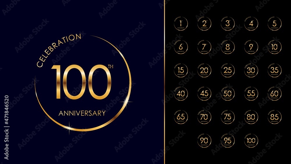 Birthday logotype set with double gold rings. Gold birthday celebration ...
