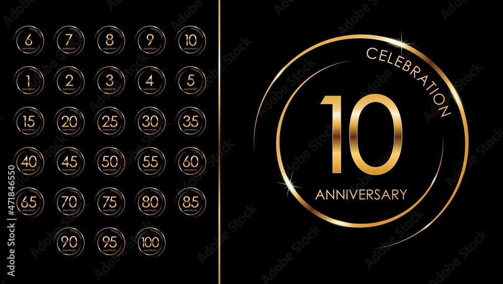 Birthday logotype set with double gold rings. Gold birthday celebration ...