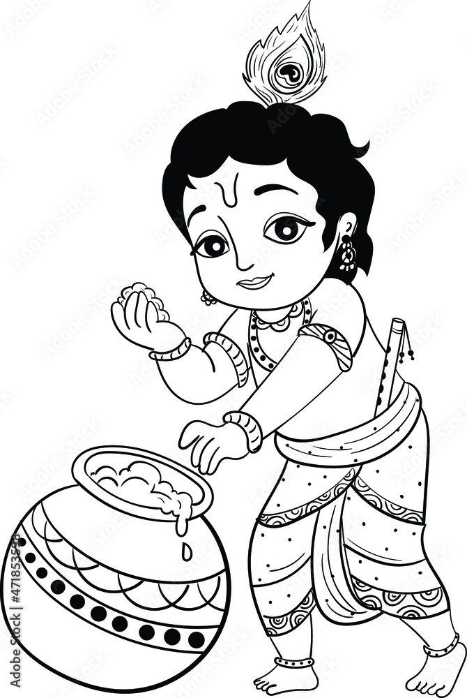 Vetor de Indian god Lord Krishna Janmasthmi clip art line drawing of ...