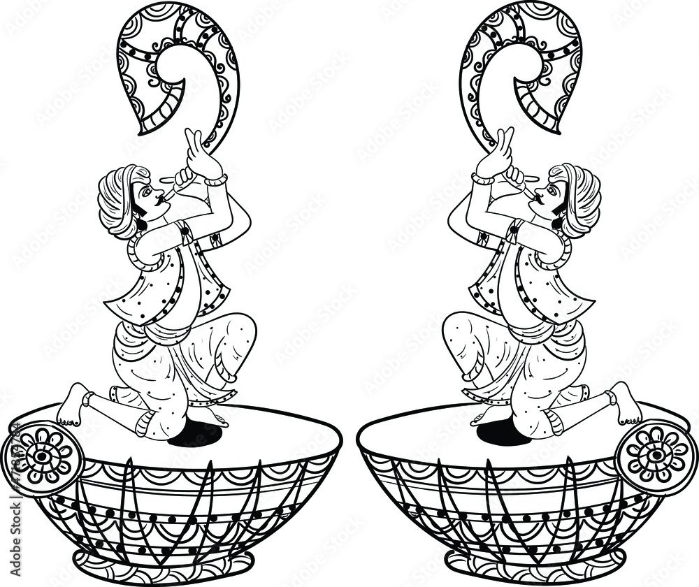 Vetor de Indian man playing indian wedding music instrument shehnai ...