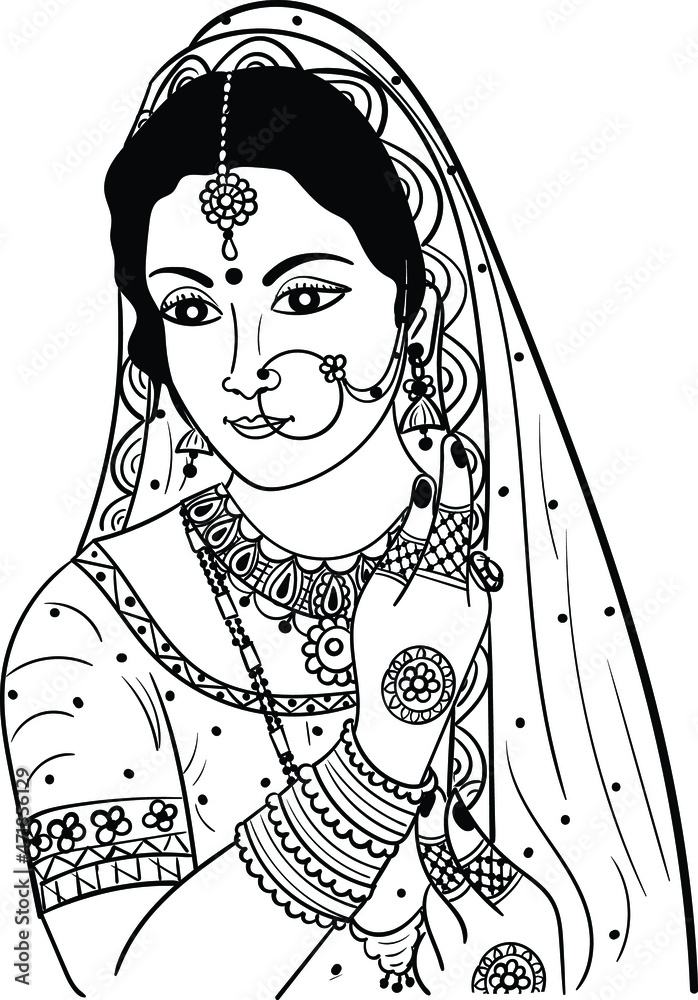 Vetor de Indian bride black and white line drawing clip art. Indian ...