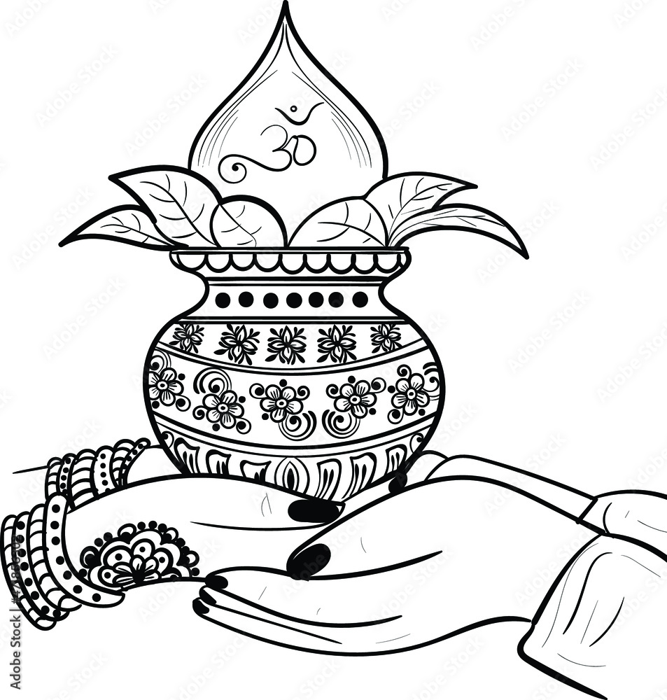 Indian wedding clip art of groom and bride with the Kalash, black and ...