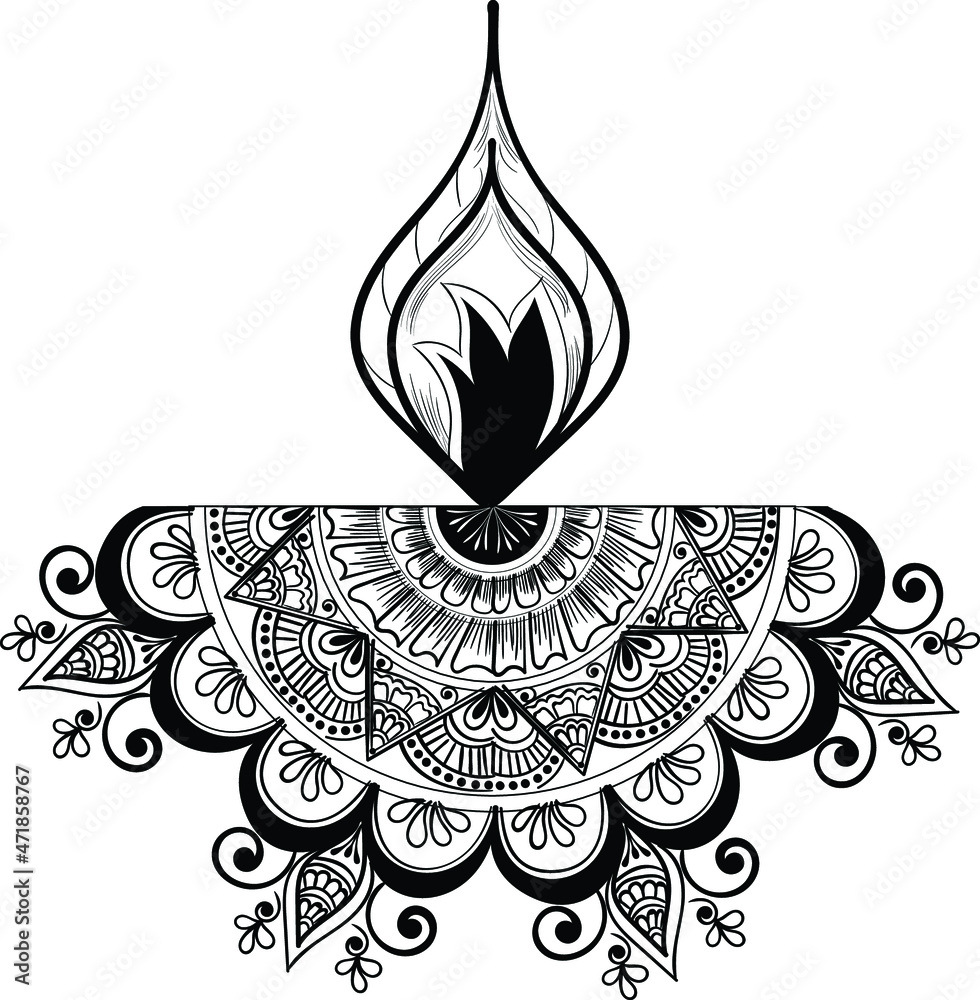 DECORATIVE DIYA(DEEPAK) SYMBOL WITH HENNA DESIGN VECTOR BLACK AND WHITE ...