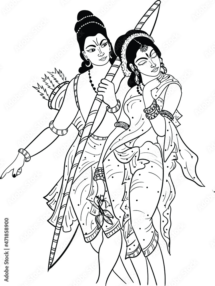 Vetor de Indian god lord Ram and Sita black and white clip art ...