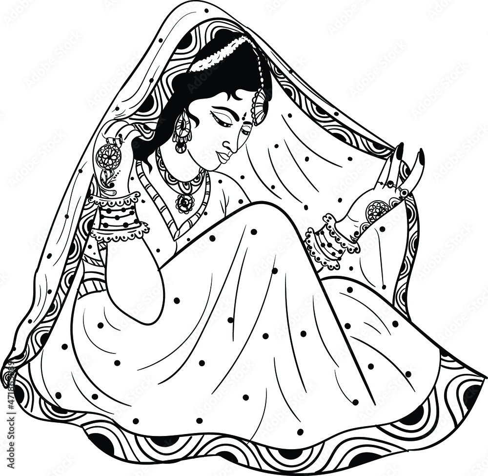 Indian bride black and white line drawing clip art. Indian wedding clip ...