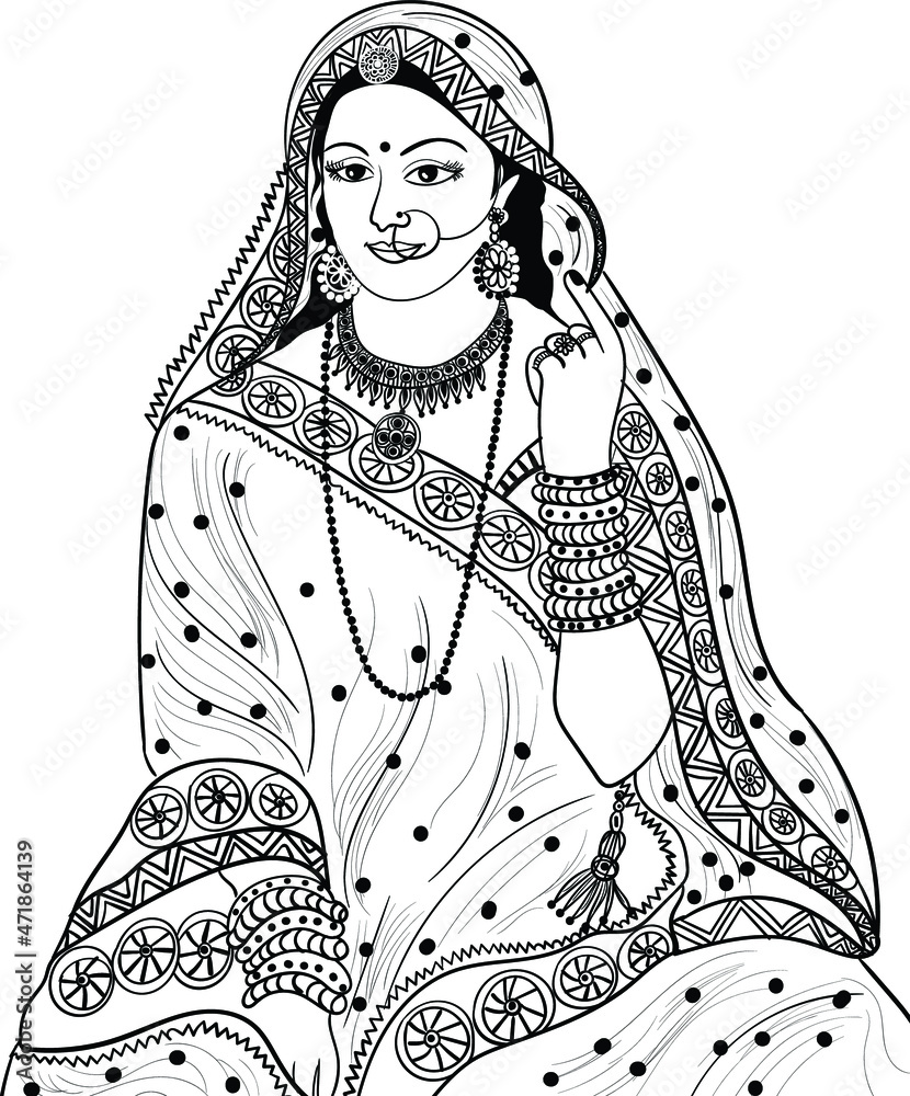 Indian bride black and white line drawing clip art. Indian wedding clip ...
