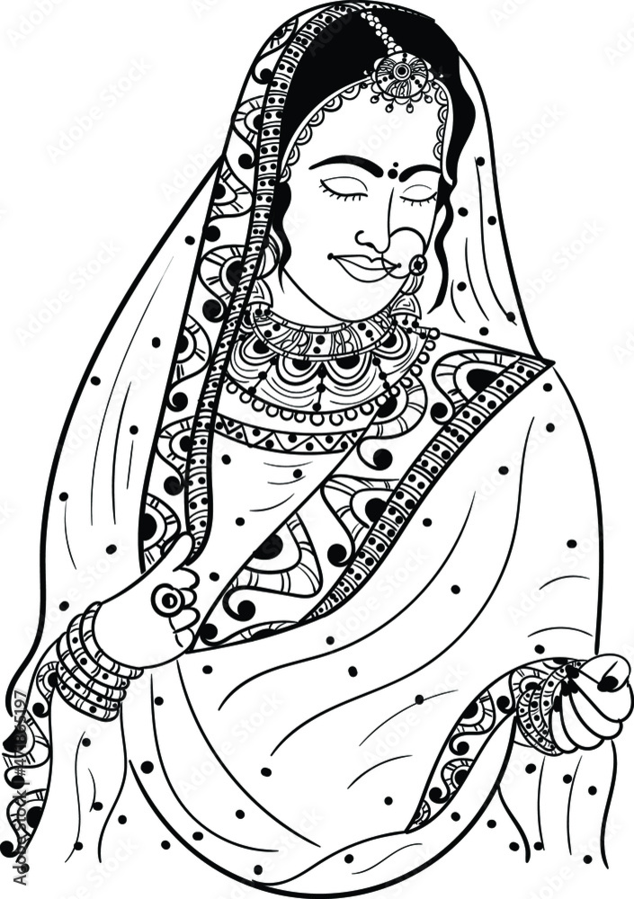 Indian bride black and white line drawing clip art. Indian wedding clip ...