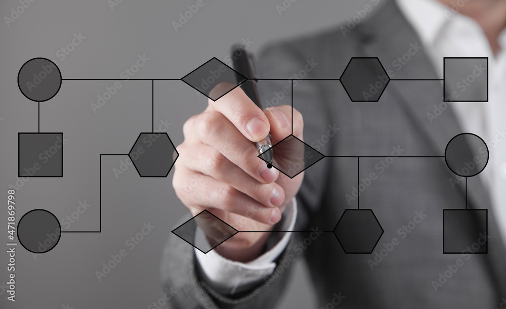 Foto de Male hand drawing process flowchart diagram. do Stock | Adobe Stock