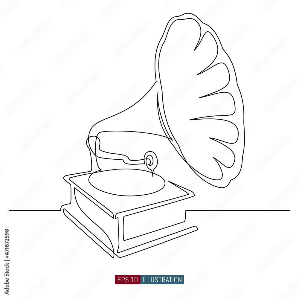 Continuous line drawing of Vintage Gramophone. Retro device for playing ...