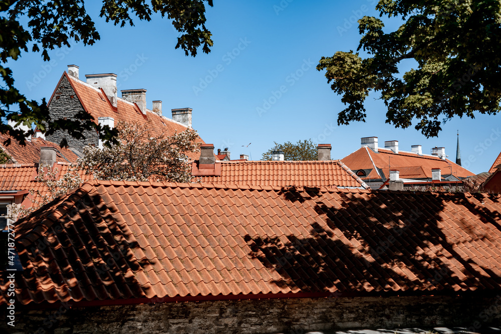 Red brick roofs and chimneys of low-rise buildings in the old town ...