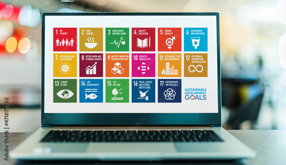 Laptop displaying logo of The Sustainable Development Goals Stock Photo ...