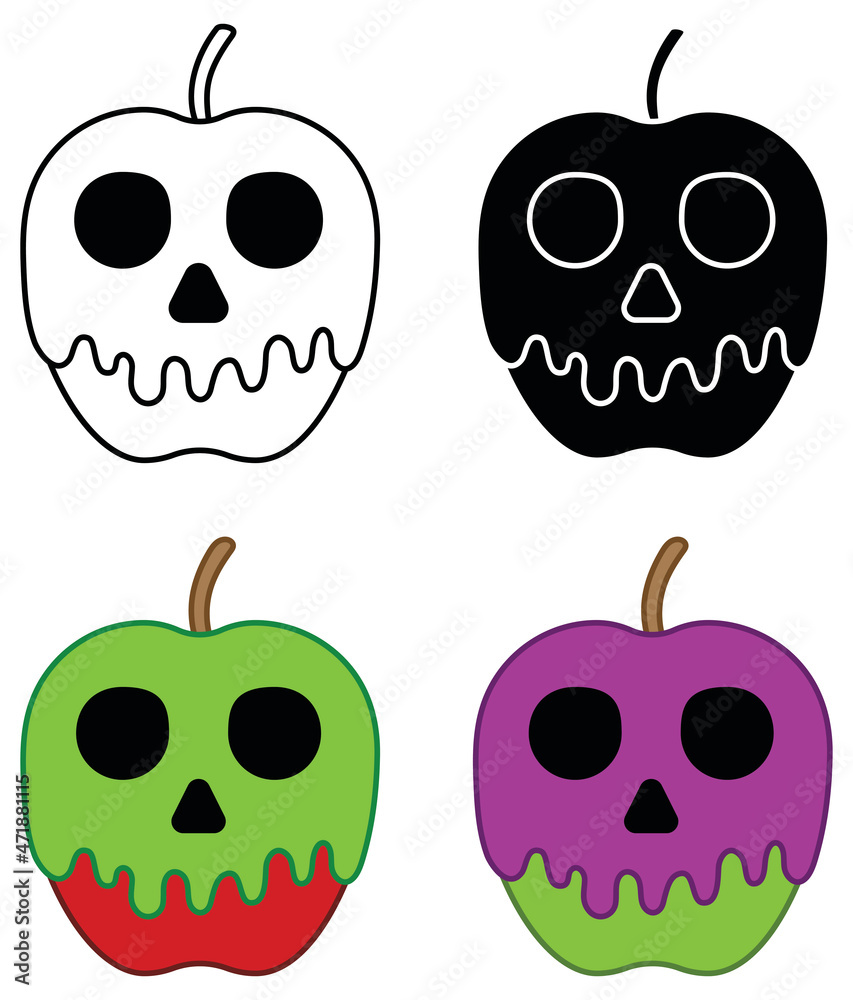 Poison Apple Clipart Set - Outline, Silhouette and Color Stock Vector ...