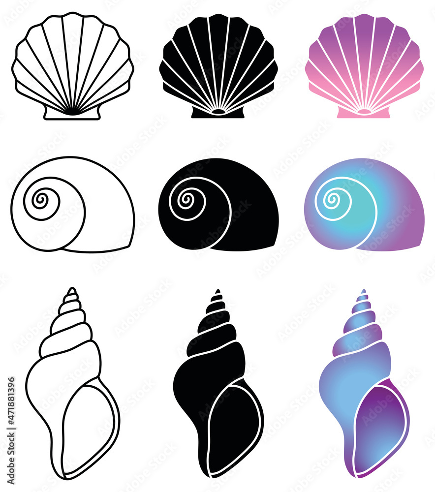 Sea Shell Clipart Set - Outline, Silhouette and Gradient Color Stock ...