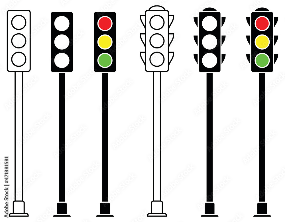 Traffic Light Full Post Clipart Set - Outline, Silhouette and Color ...