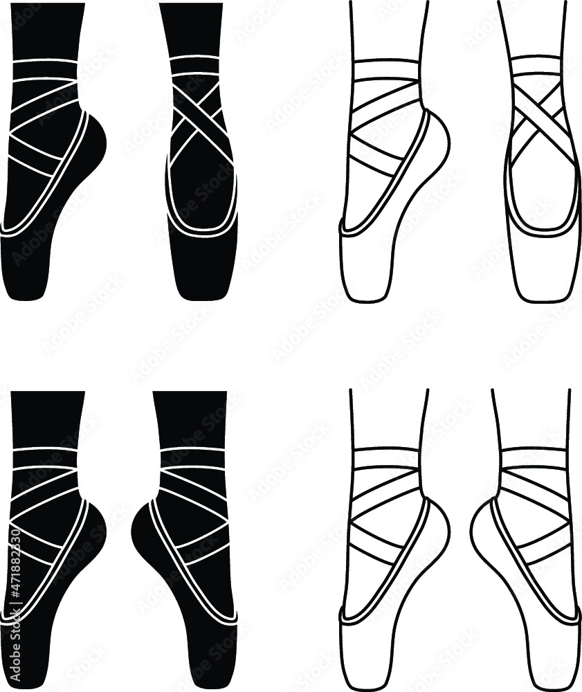 Pointe Ballet Shoes in Relevé Clipart Set - Outline and Silhouette ...